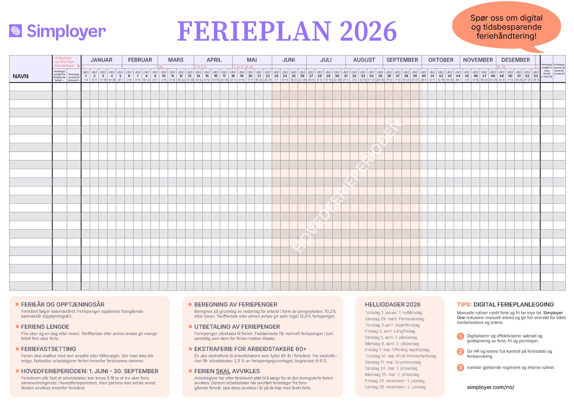 Last ned gratis: Ferieplan 2026